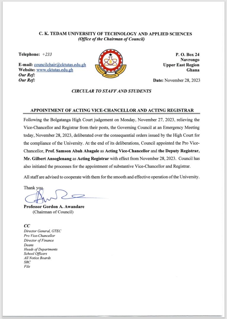 University Council Appoints Acting VC & Registrar - CKT-UTAS